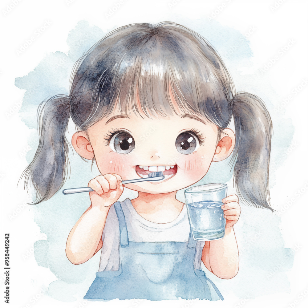 Watercolor cute cartoon cute little girl brushing teeth with toothpaste ...