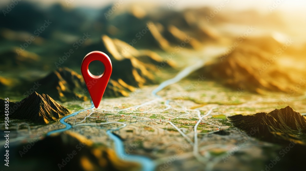 Close-up of a bold map marker on a physical map, marking a key travel ...