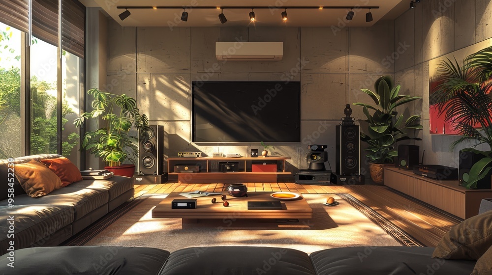 Modern living room with large windows, plush furniture, and a home ...