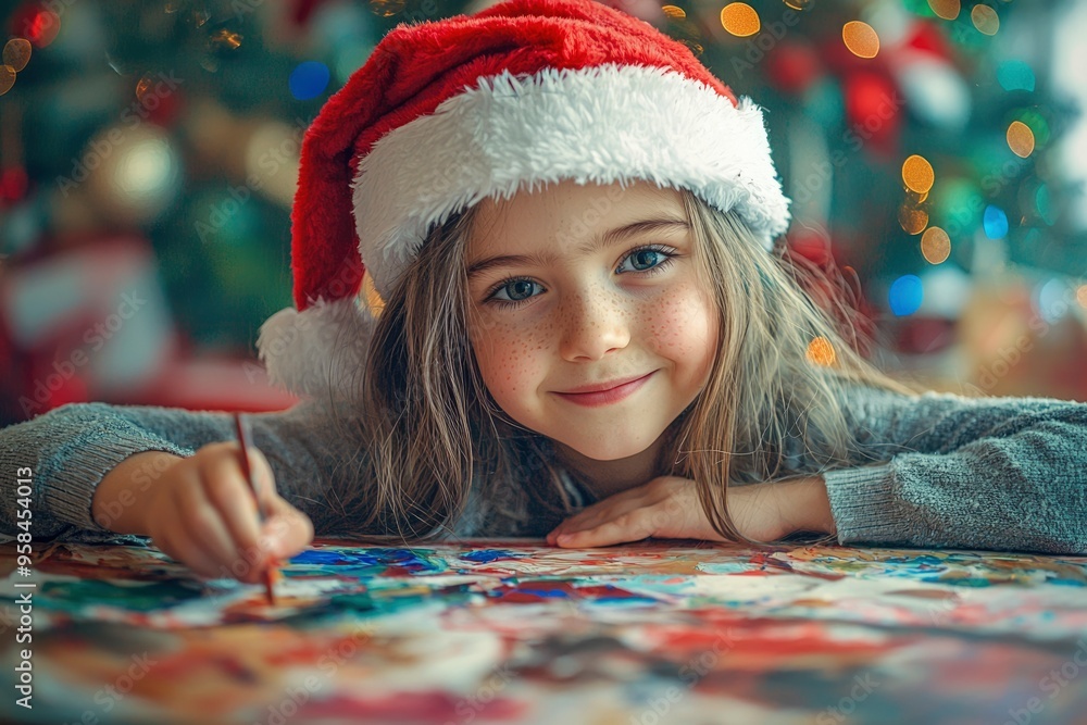 Young girl wearing a Santa hat paints with a brush on a colorful ...