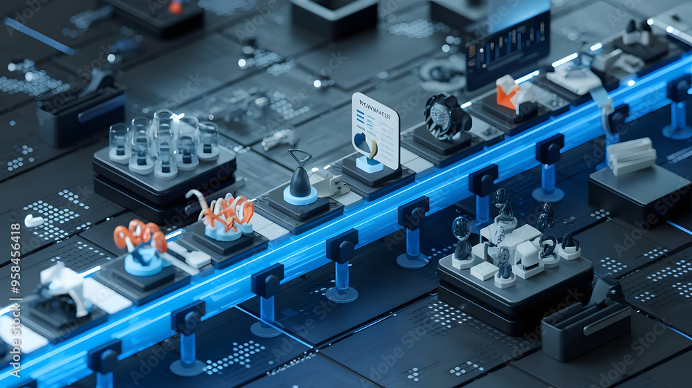 Innovation Pipeline:** A digital assembly line with new ideas and ...