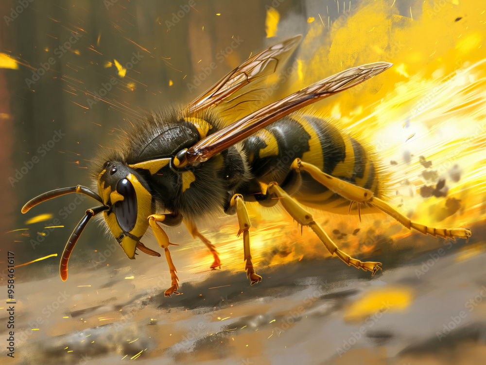 A yellow and black wasp is flying through the air. The image has a sense of motion and energy ...