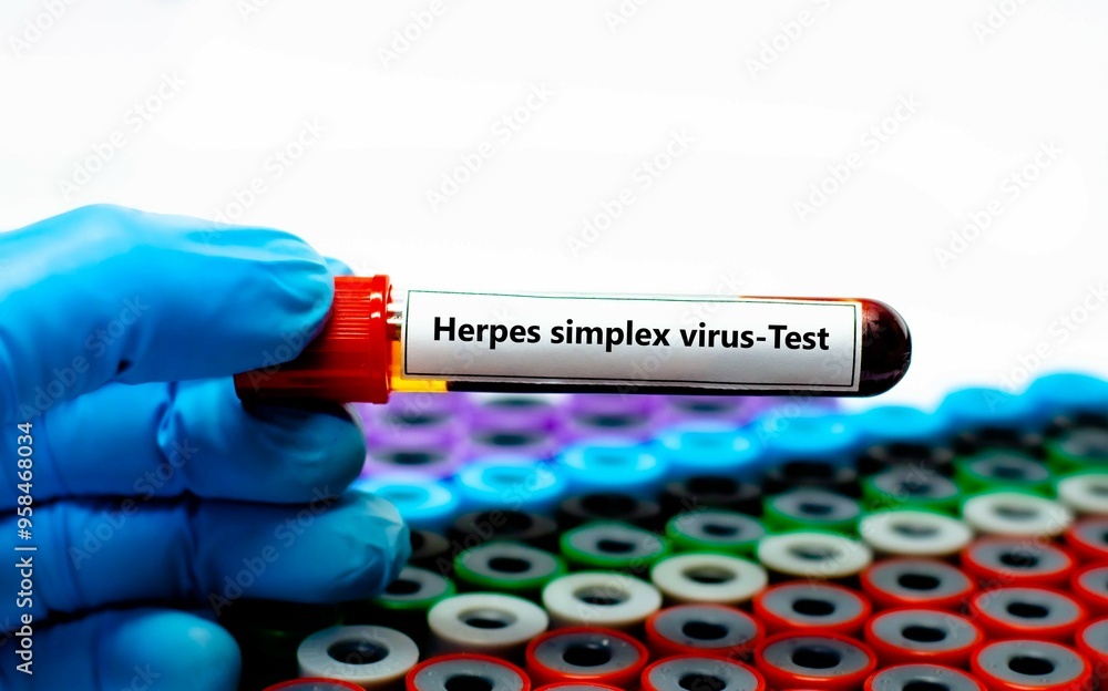 Blood sample tube for herpes simplex virus (HSV) test analysis. Stock ...