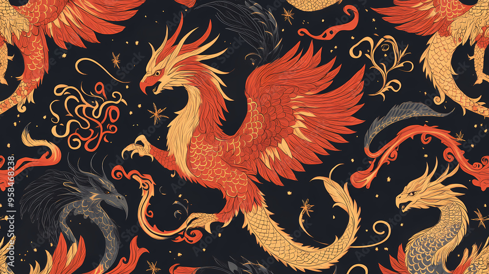 Generate a seamless pattern with mythical creatures like dragons ...