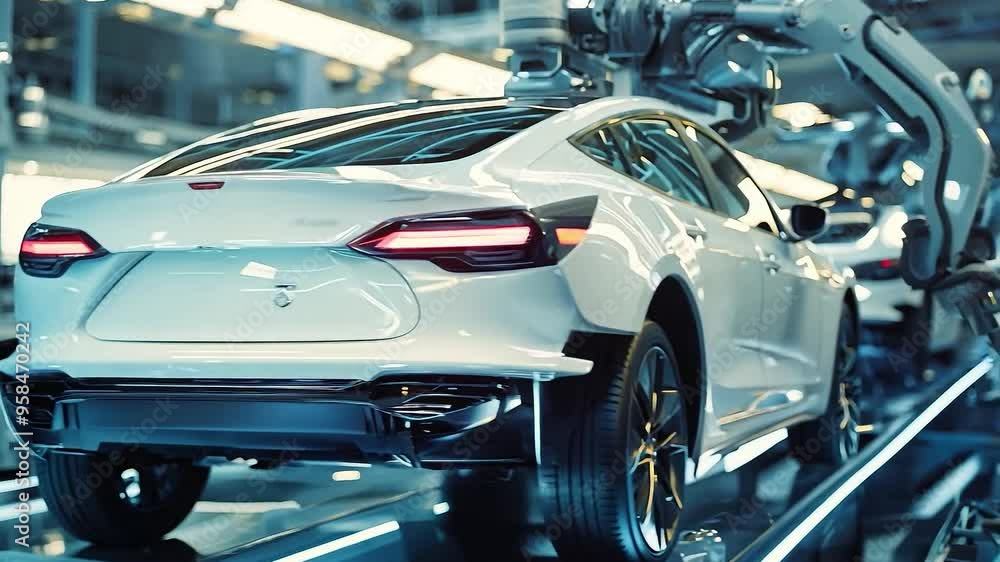 Futuristic electric car automated robot arm assembly line manufacturing ...