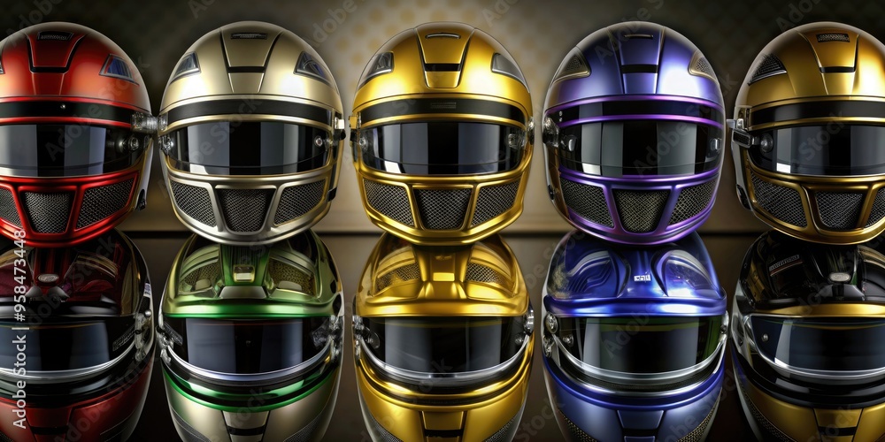 Vibrant collection of racing helmets with diverse designs and logos ...