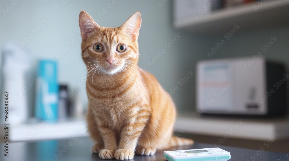 Orange tabby cat in an exam room taking a pregnancy test, offering a ...