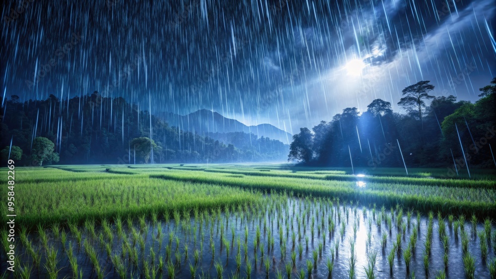 Rain pouring down in a ricefield at night with an unreal engine render ...