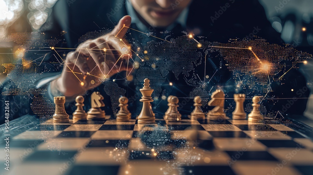 Strategic Business Growth An executive strategizing over a chessboard ...