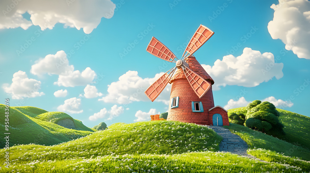 A vibrant 3D cartoon render depicting a charming windmill tower with ...