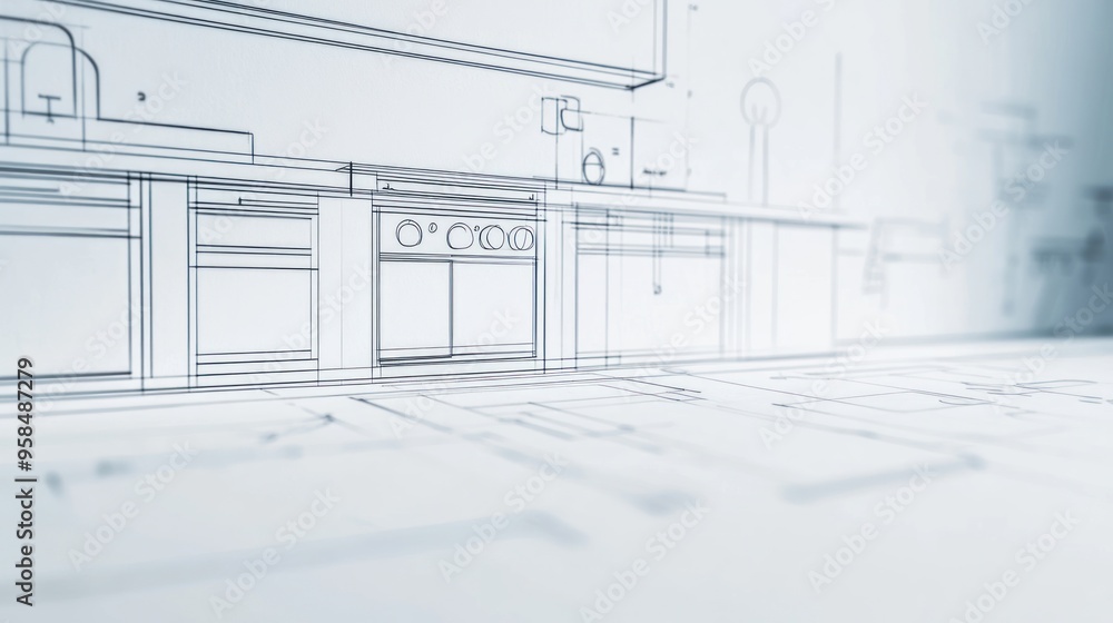 A blueprint showcases the layout of a modern kitchen with detailed ...