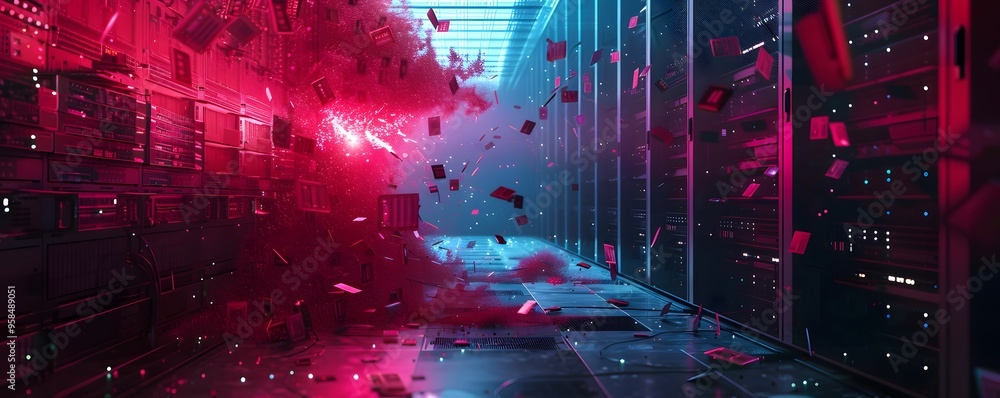 Data center explosion with debris flying. A destructive event amidst ...
