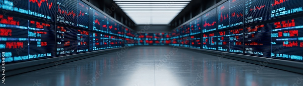 Futuristic stock market trading room with illuminated screens ...
