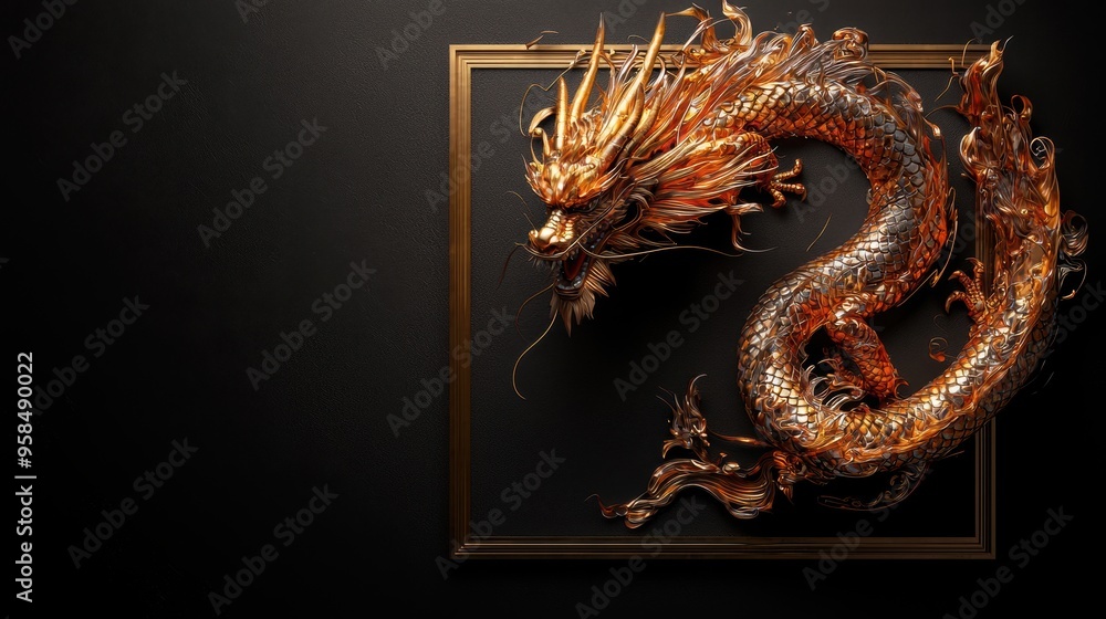 Ornate art deco dragon with iridescent scales, radiant and elegant on a ...