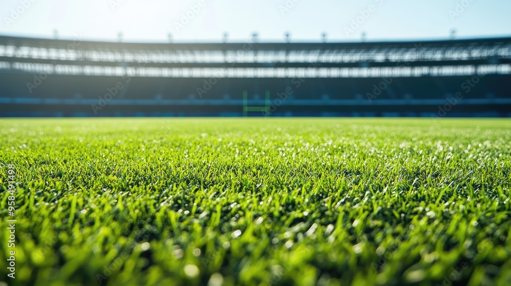 Stadium with green grass on the football field, a ground-level ...