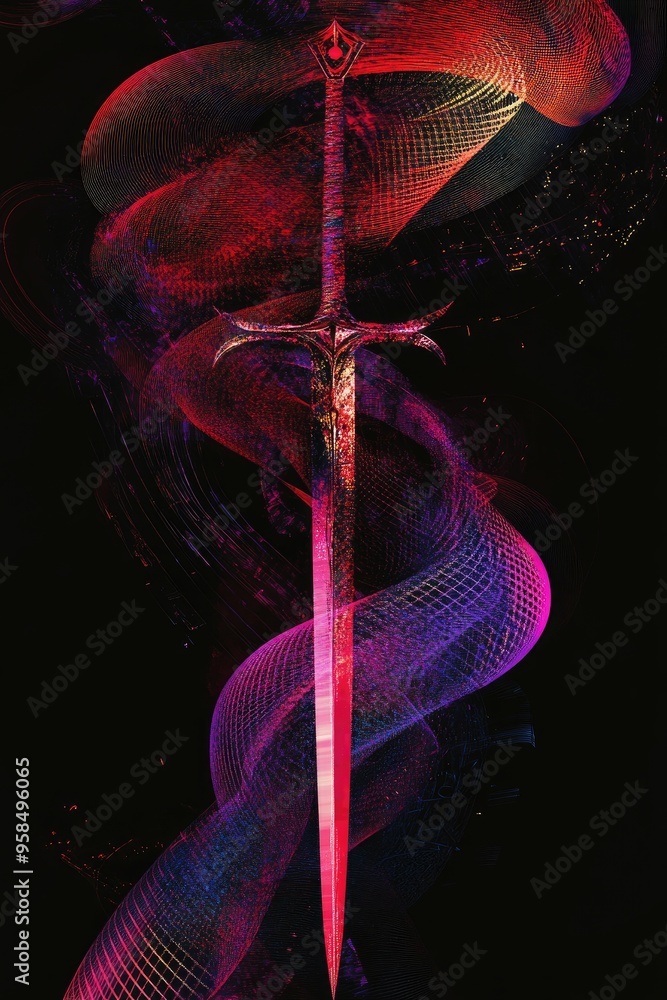 Abstract line art illustration featuring a blend of red and purple hues ...