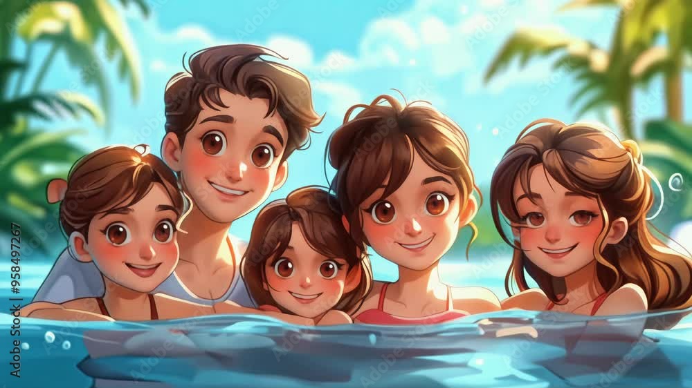 Multigenerational family portrait in outdoor backyard summer swimming ...