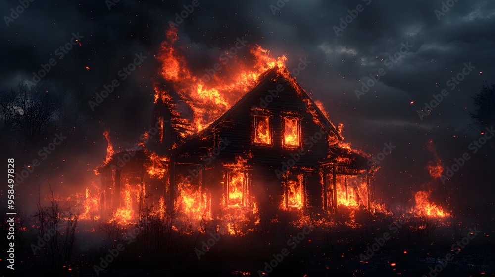 Old wooden house on fire under a starless night, flames fiercely ...