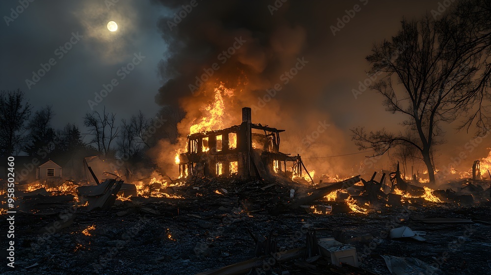 Ruined house engulfed in residual flames after a natural gas explosion ...