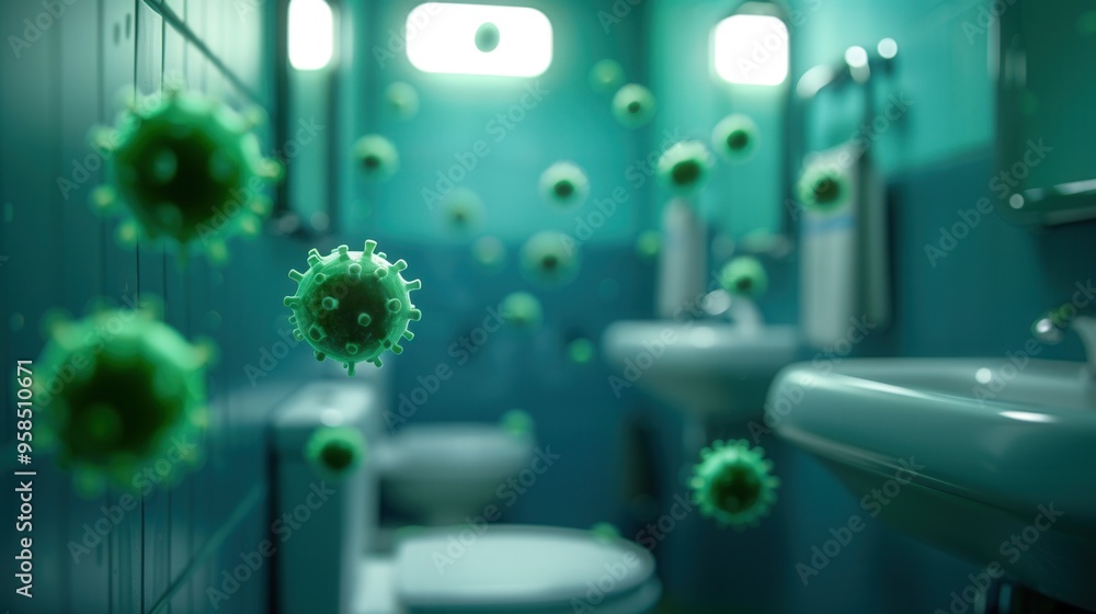 Bathroom with floating germs visualizing cleanliness and hygiene ...
