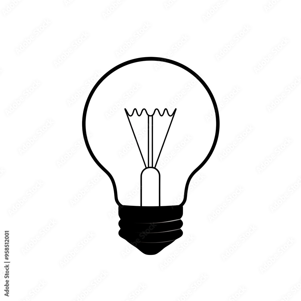 Simple Line Drawing of Light Bulb with Filament in Black and White ...
