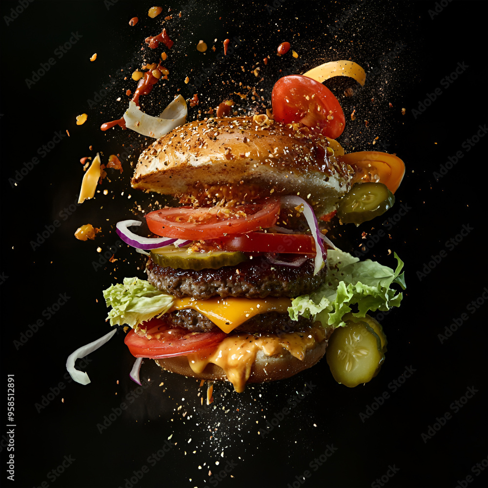 An explosive, dynamic image of a burger bursting apart against a black ...