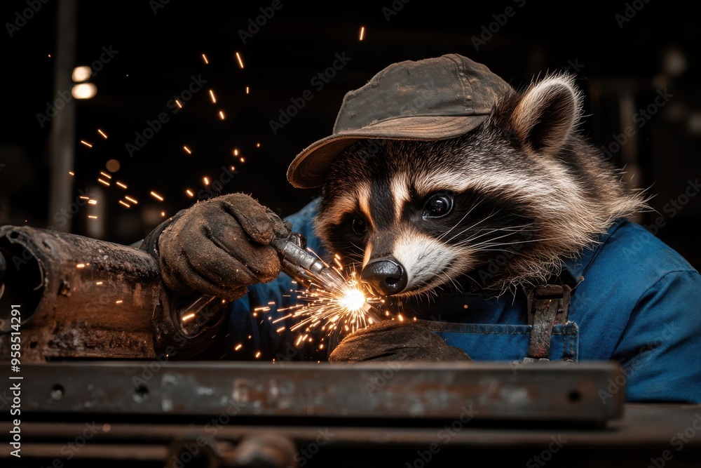 A raccoon dressed in blue work attire performs welding with sparks ...