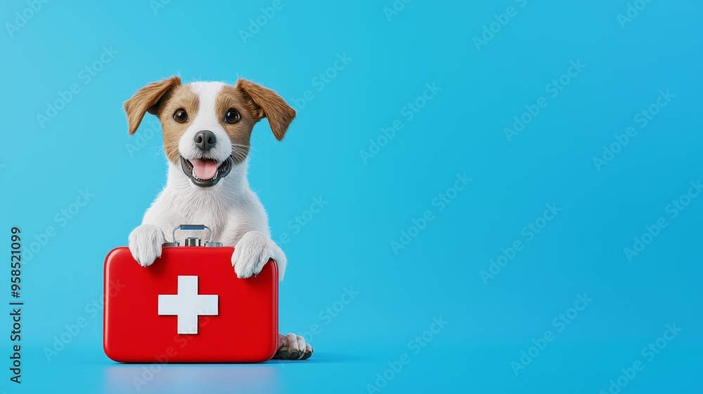 Small dog holding first aid kit, symbol of pet health and safety, 3D ...