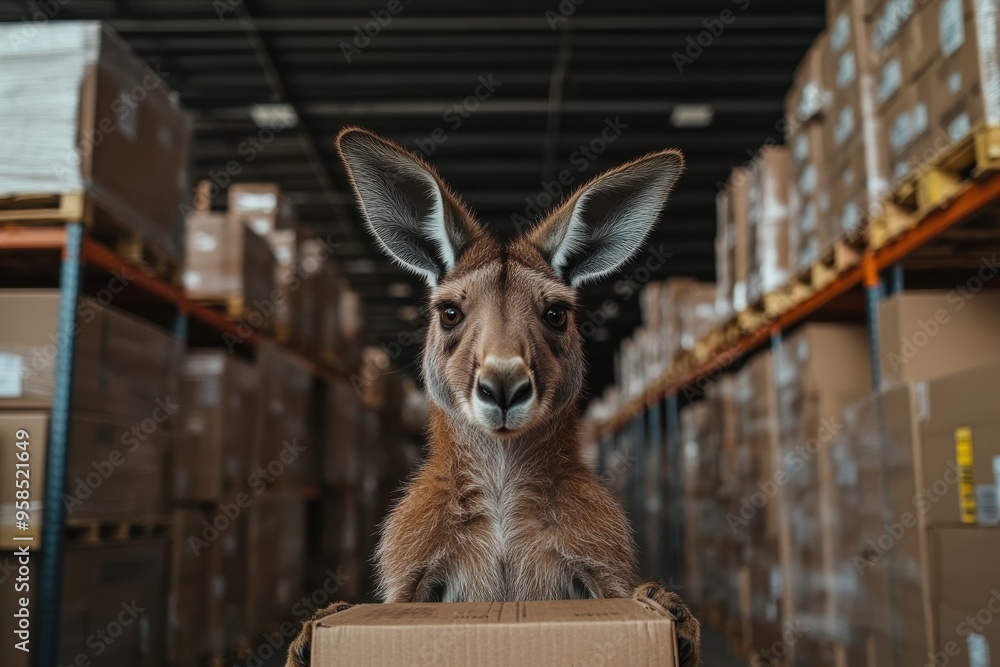 An endearing kangaroo standing inside a large industrial warehouse ...