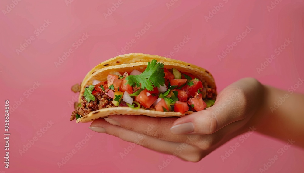 female arm. the hand is holding a mexican taco. pink studio background ...