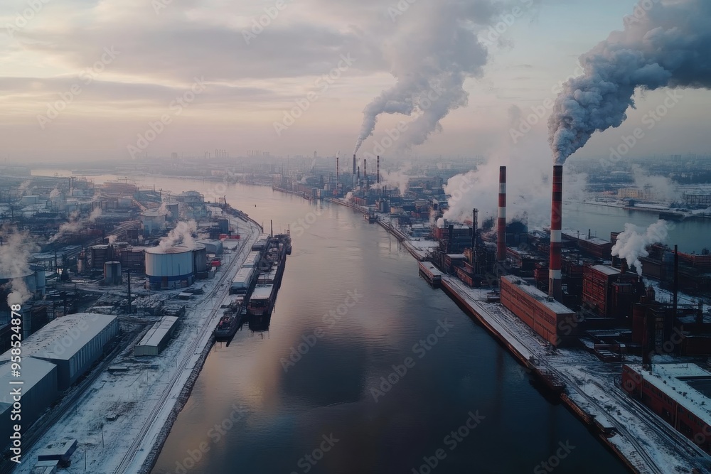 An aerial view captures an industrial waterway flanked by factories and ...