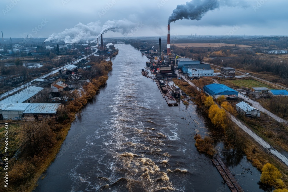 A river heavily impacted by pollution flows between factories and ...
