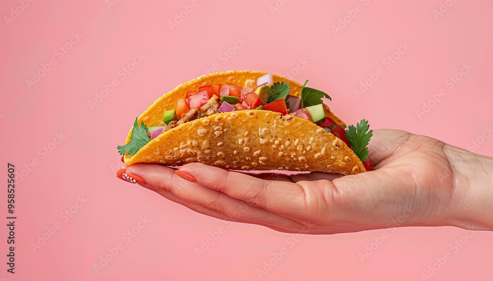 female arm. the hand is holding a mexican taco. pink studio background ...