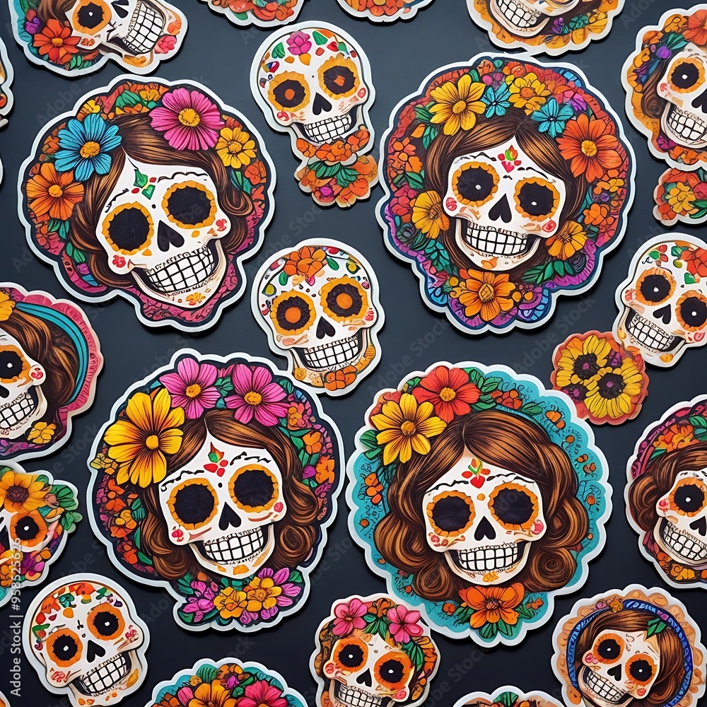 Ilustração do Stock: stickers catrinas sonriente tradicional de las ...