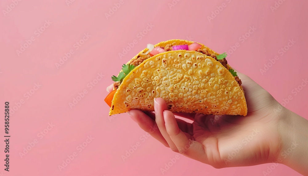 female arm. the hand is holding a mexican taco. pink studio background ...
