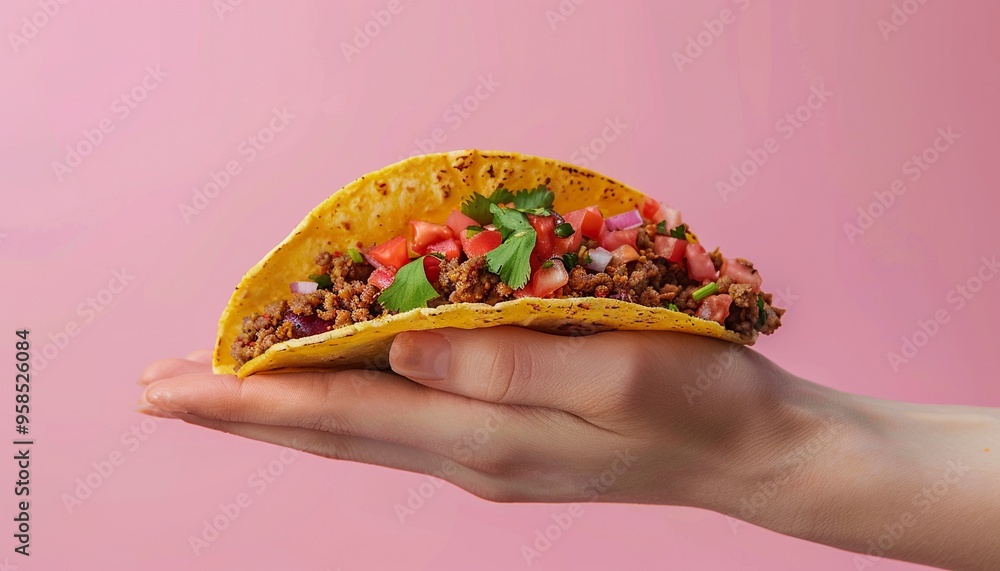 female arm. the hand is holding a mexican taco. pink studio background ...