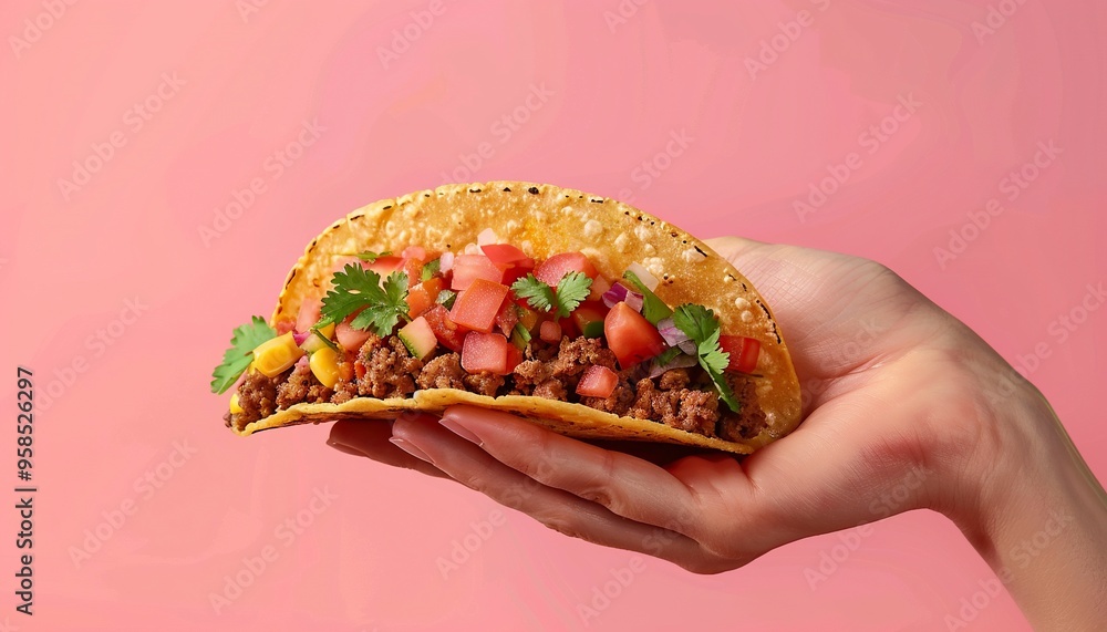 female arm. the hand is holding a mexican taco. pink studio background ...