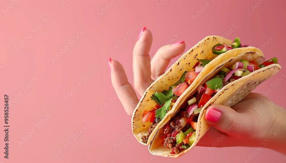 female arm. the hand is holding a mexican taco. pink studio background ...