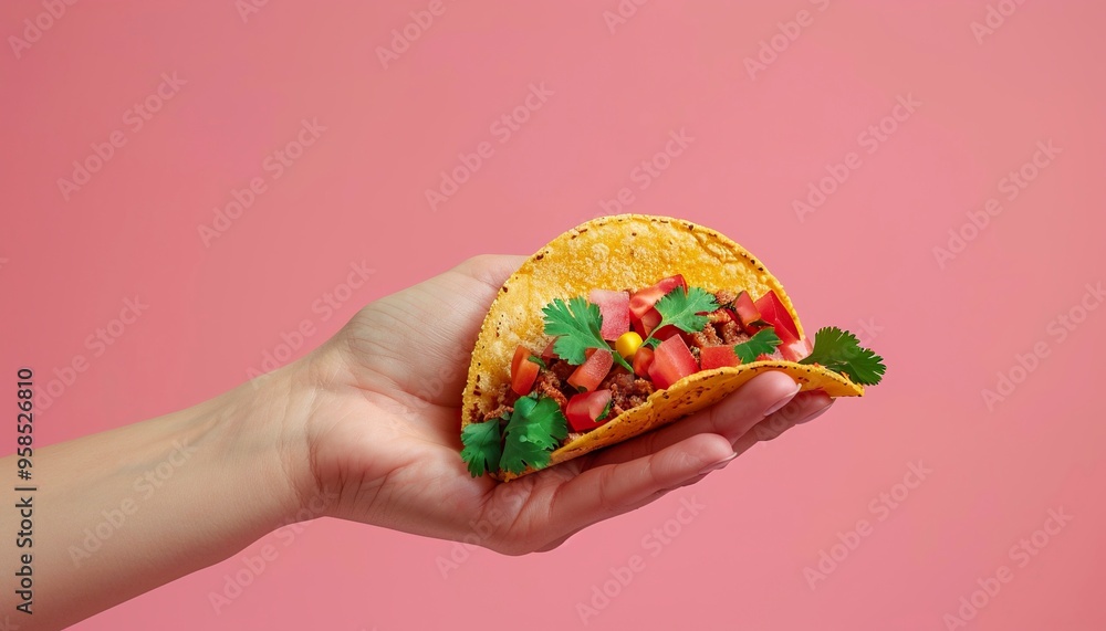 female arm. the hand is holding a mexican taco. pink studio background ...