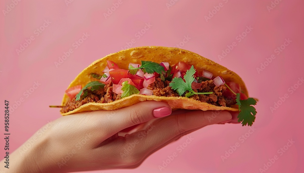 female arm. the hand is holding a mexican taco. pink studio background ...