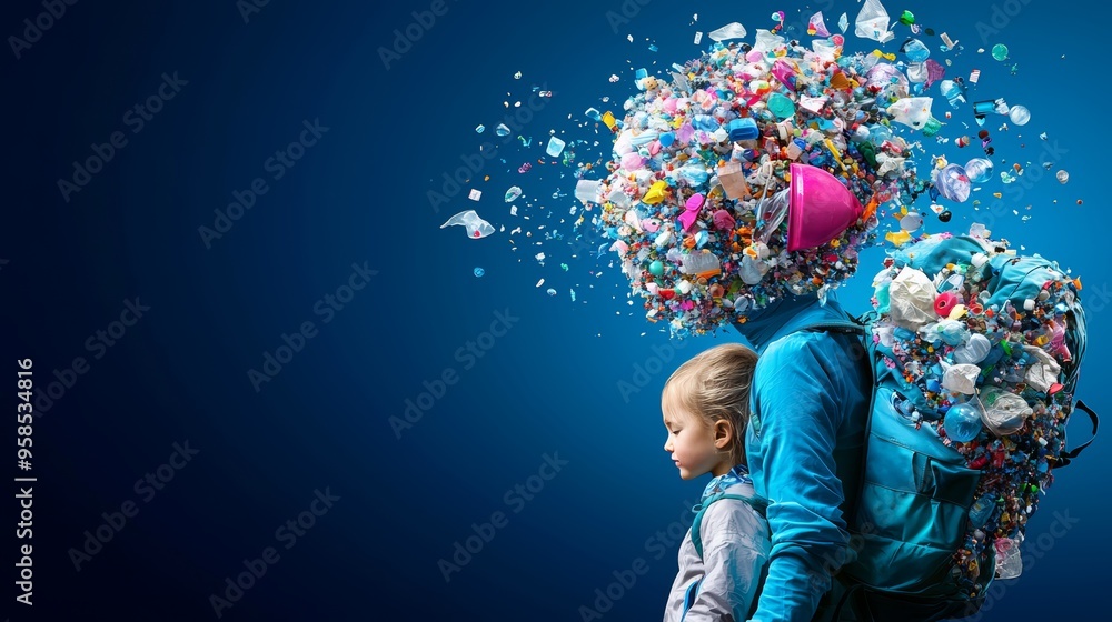 Mother and child with microplastics depicted in the body, focusing on ...