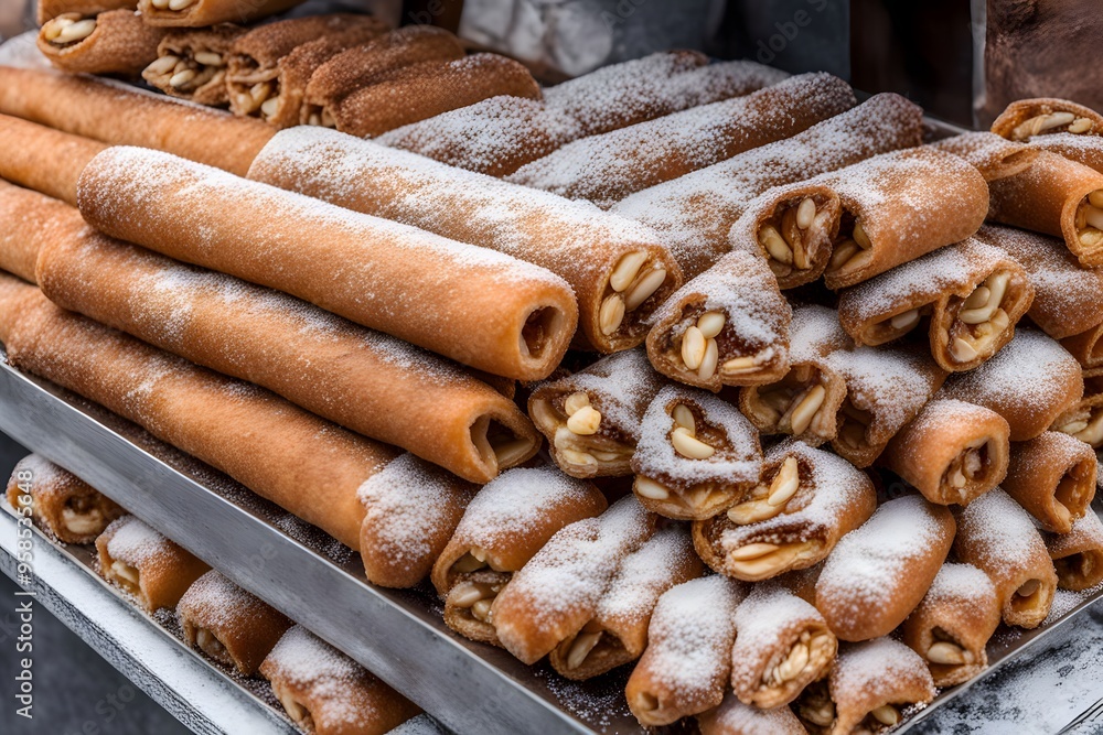 Czech trdelnk cylindrical pastry coated in sugar and nuts served hot ...