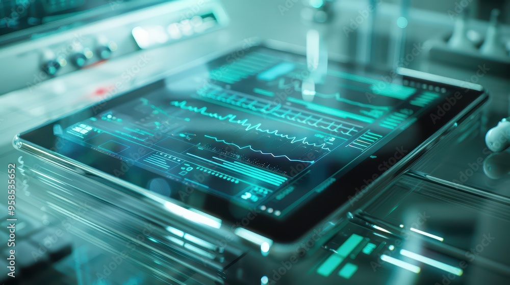 Futuristic tablet displaying advanced data analytics and graphs in a ...