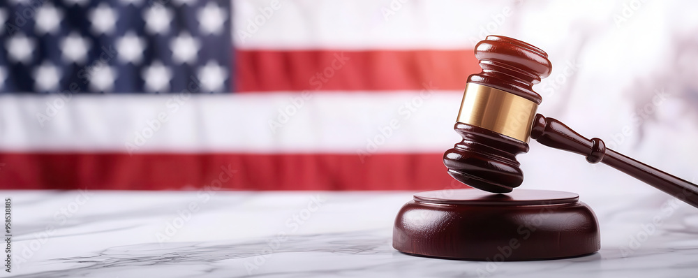 Judges gavel striking in a courtroom with US flag behind close up ...