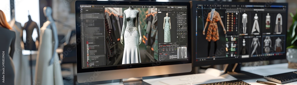 Fashion design software on computer screens displaying digital clothing ...