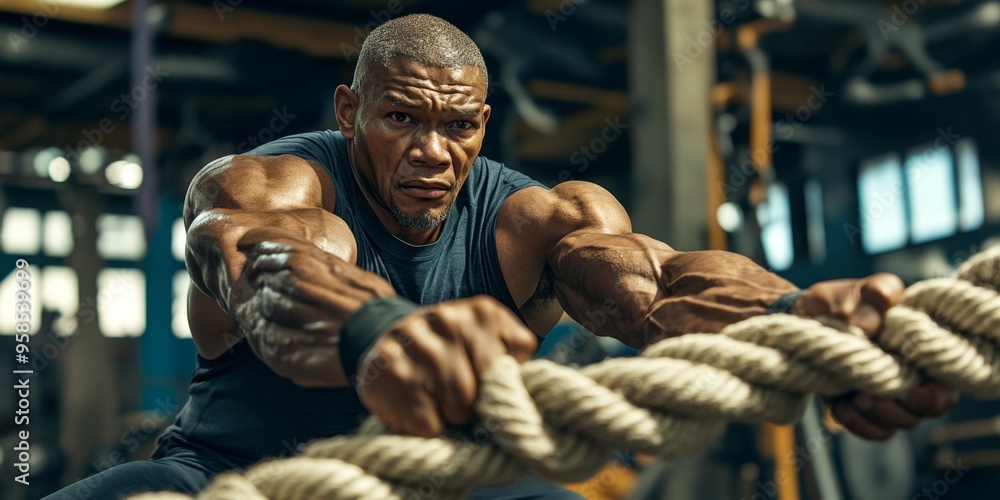 Dynamic Mature Athlete Engages in High-Intensity Battle Rope Workout ...