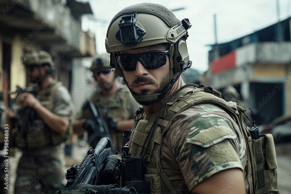 Soldier equipped with camouflage tactical gear, patrolling a heavily ...