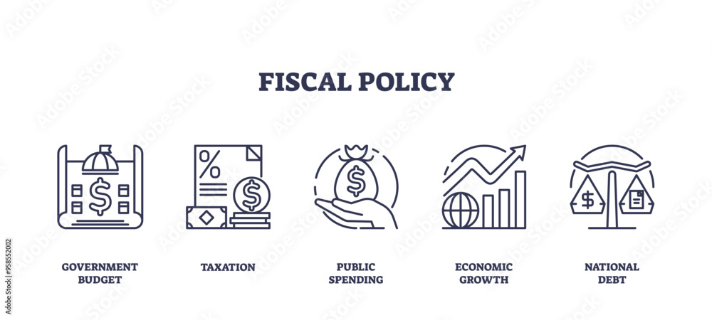 Fiscal policy and country economical control outline icons collection ...