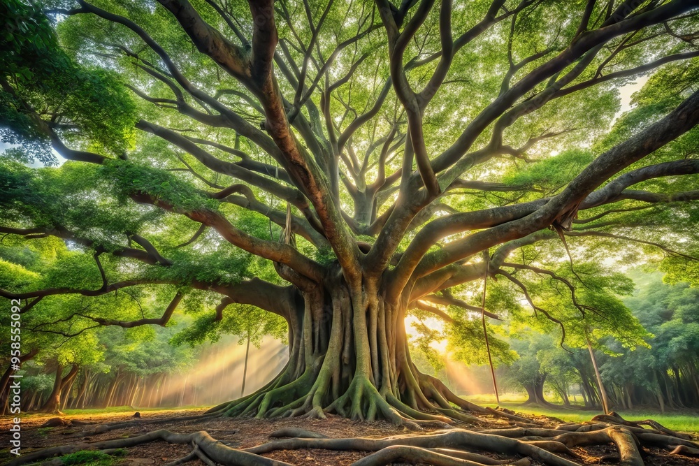 A majestic Sacred Fig tree stands tall, its sprawling canopy and ...