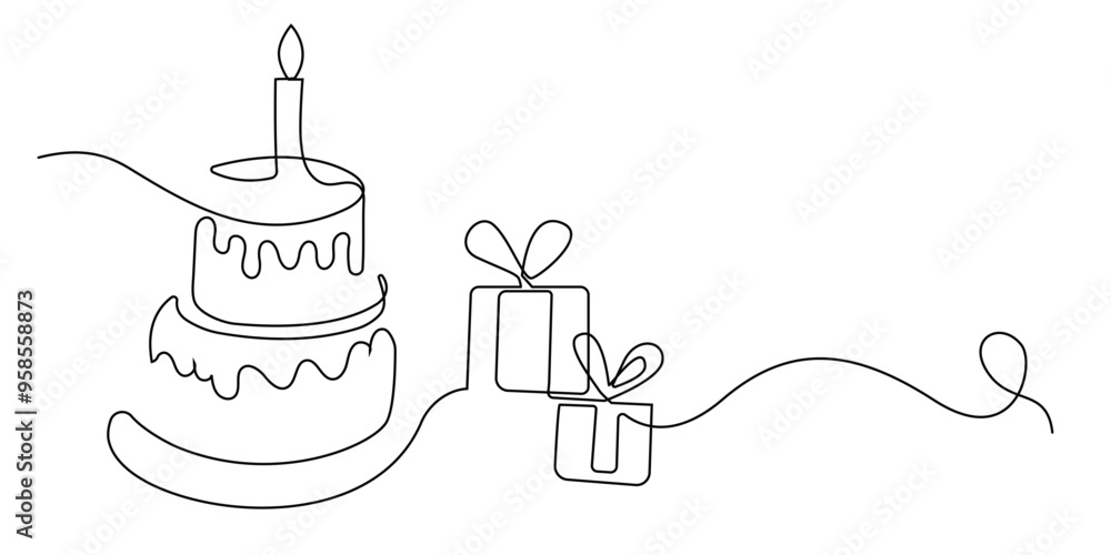 continuous line of birthday cake and gifts.minimalist one line drawing ...